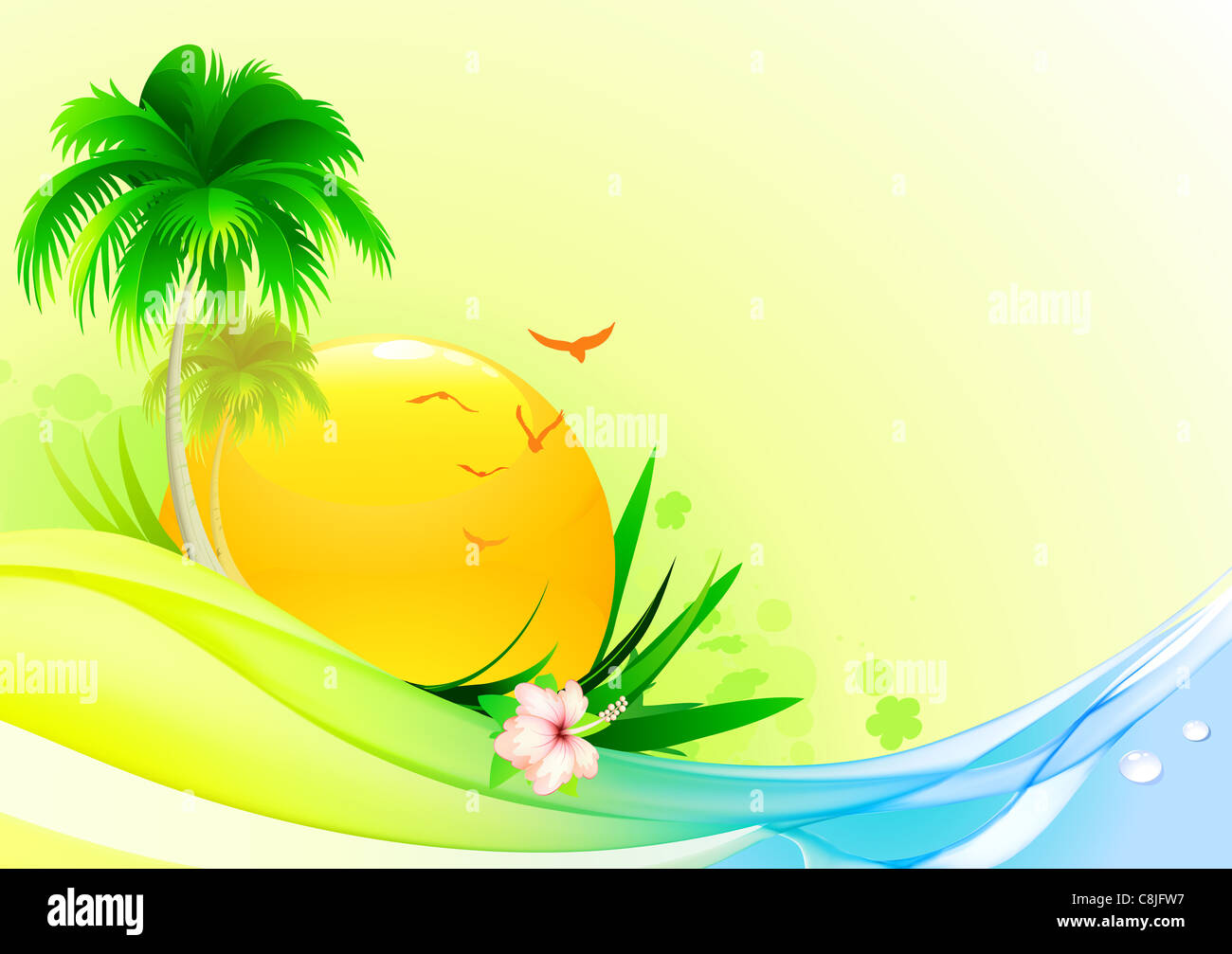 illustration of funky summer background with palm tree, hibiscus flower ...