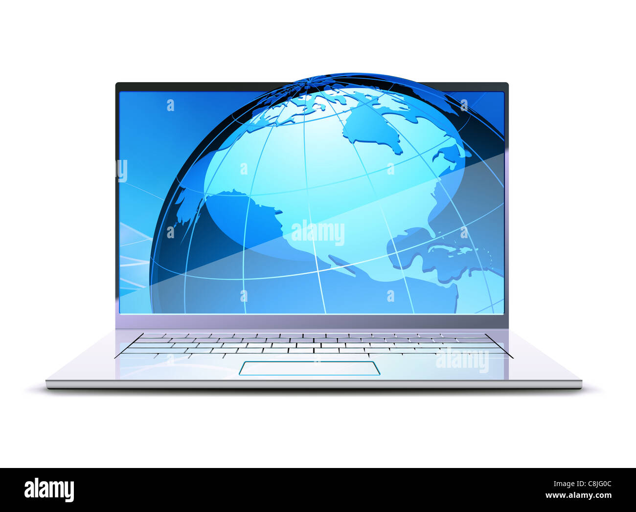 illustration of modern laptop with big blue globe on the display Stock ...