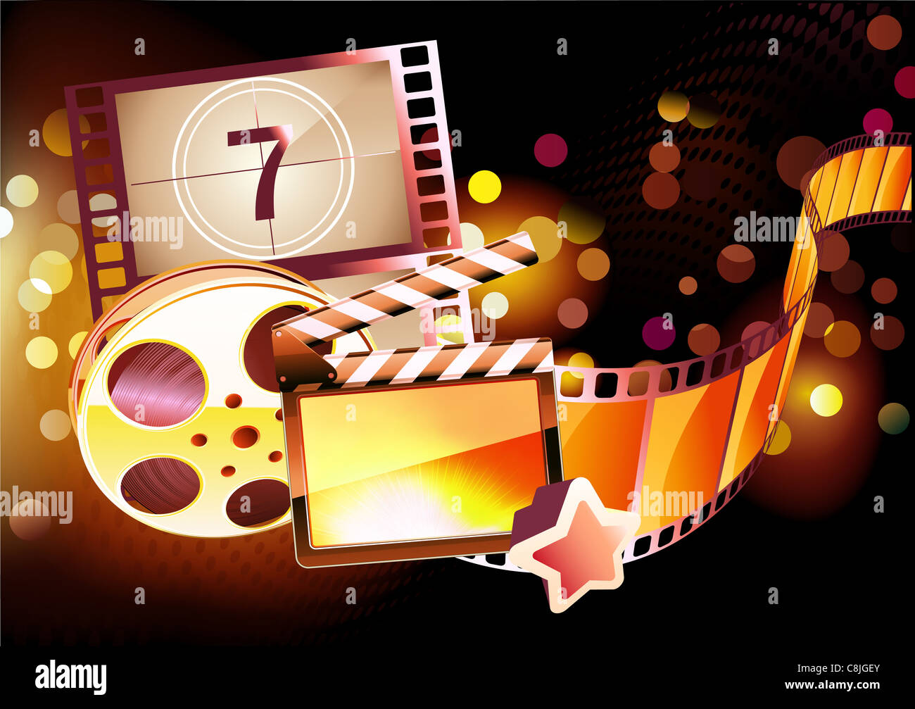 illustration of orange abstract cinema background with clapperboard and ...