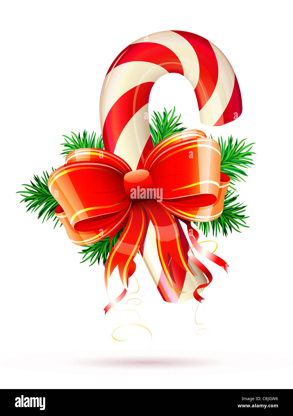 illustration of shiny red Christmas candy cane with bow and evergreen ...