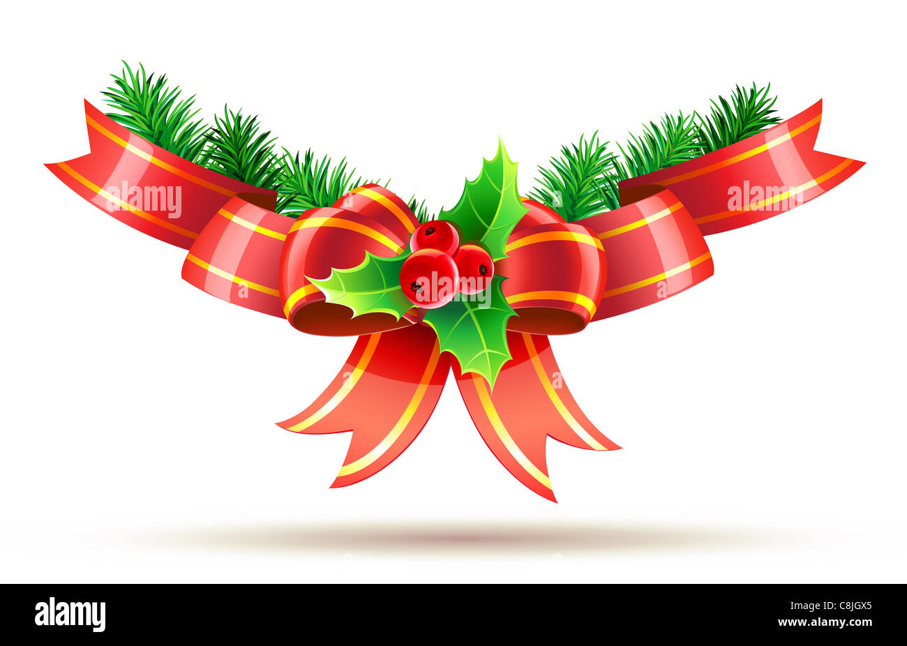 illustration of holly leaves and berries with red bow and ribbons Stock ...