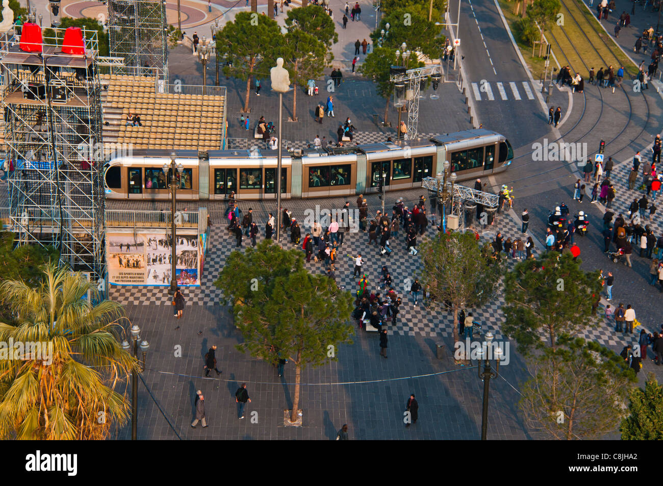 Nice, France, High Angle, Crowd People, Tramway on Town Square, Aerial ...