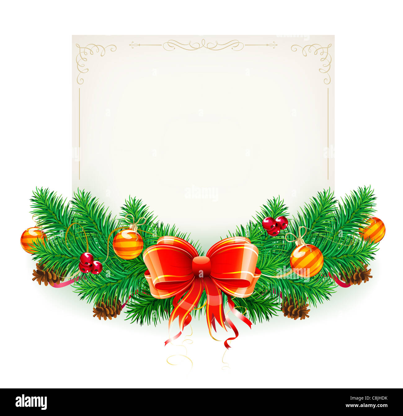 illustration of Christmas decorative frame evergreen branches and bow ...