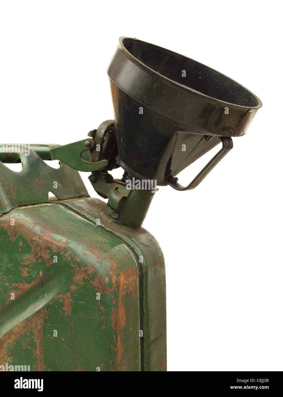 Old rusty gasoline jerry can with lid open and a funnel isolated on ...