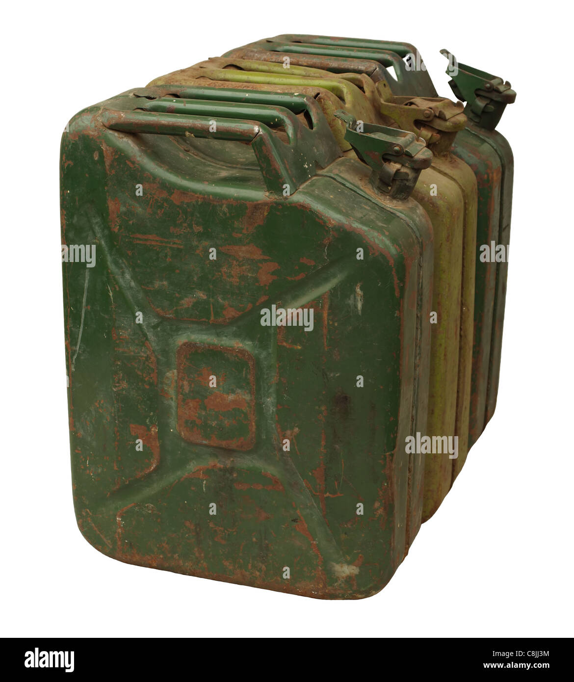 Three old rusty gasoline jerry can isolated on white background Stock ...