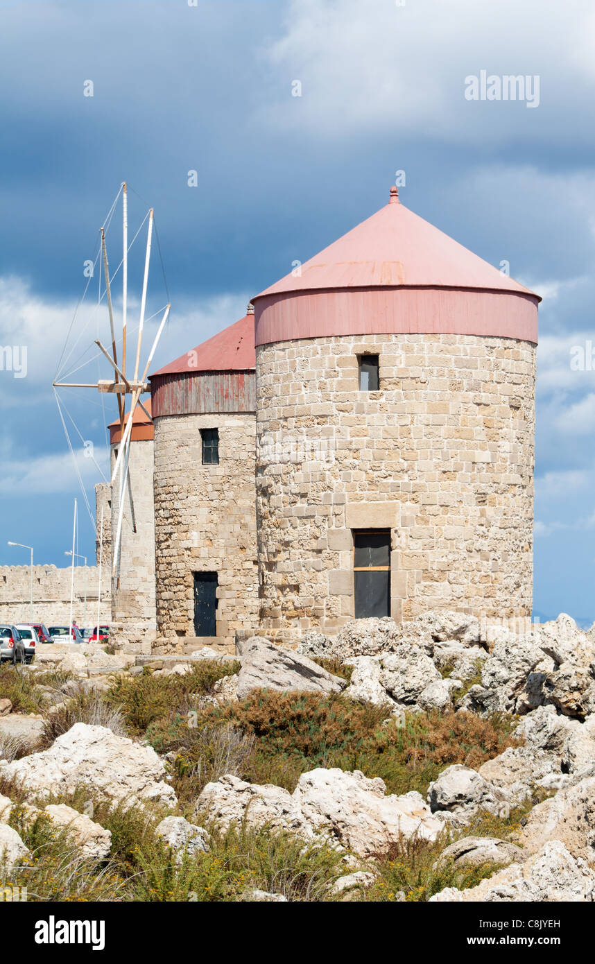 Medieval windmills at Mandraki Harbour, Rhodes, Greece Stock Photo - Alamy