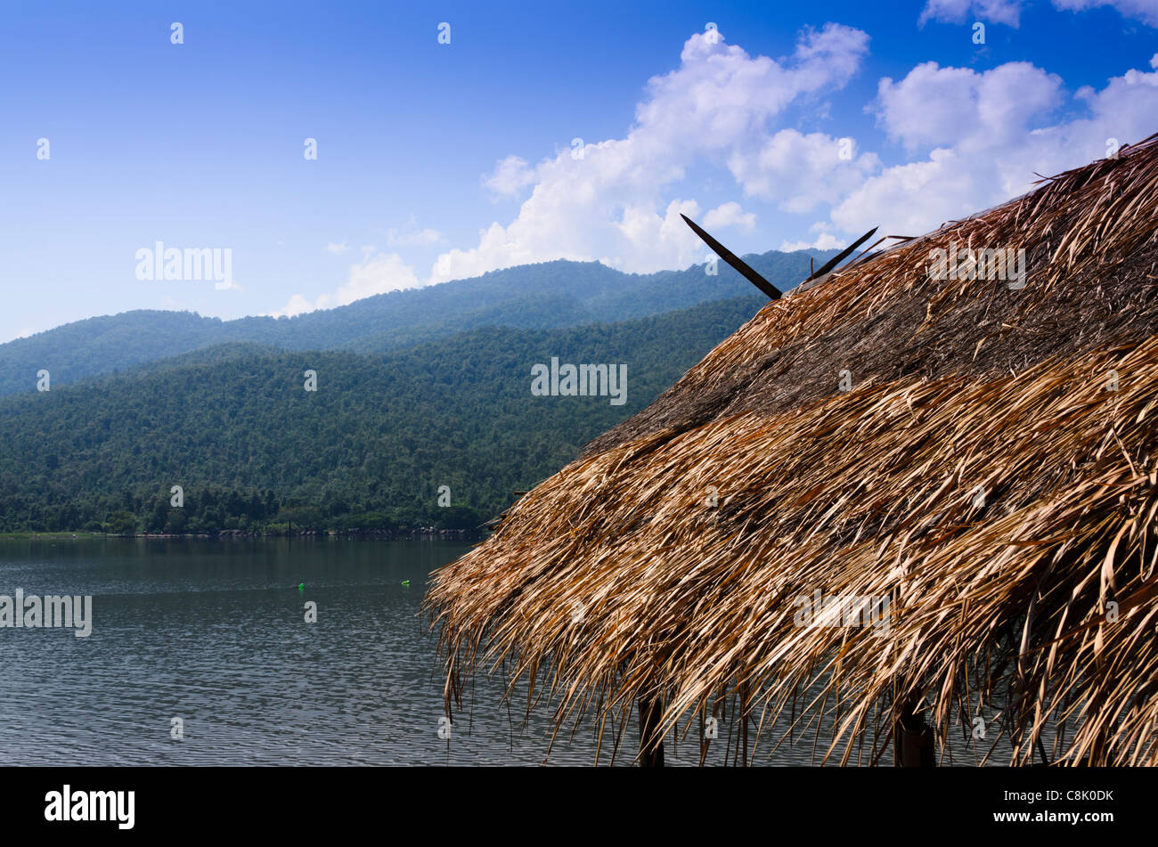 Lakeside palm thatched hut with spikes on rooftop and forest covered ...