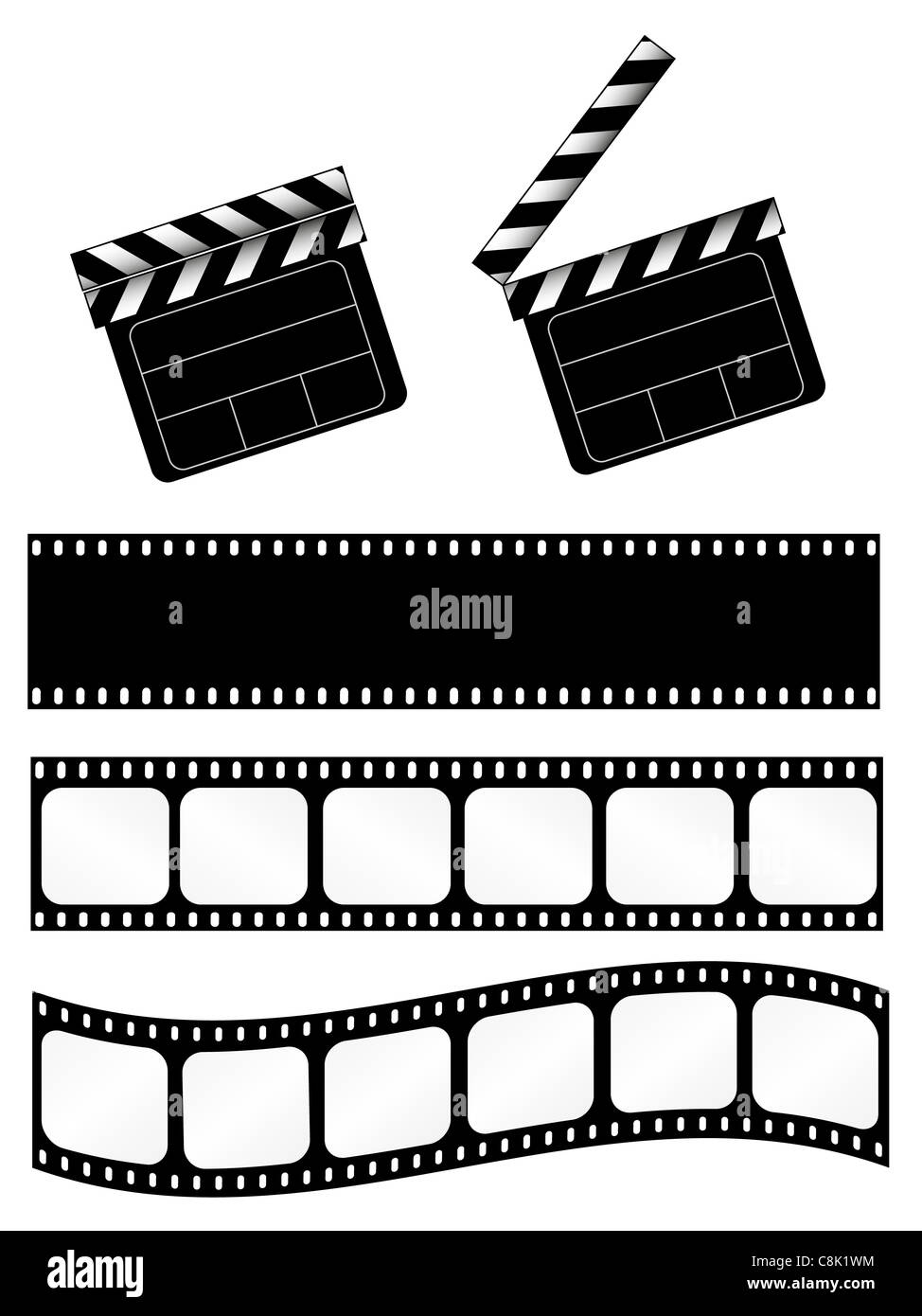 Open and closed movie clapper + 3 film strips Stock Photo - Alamy