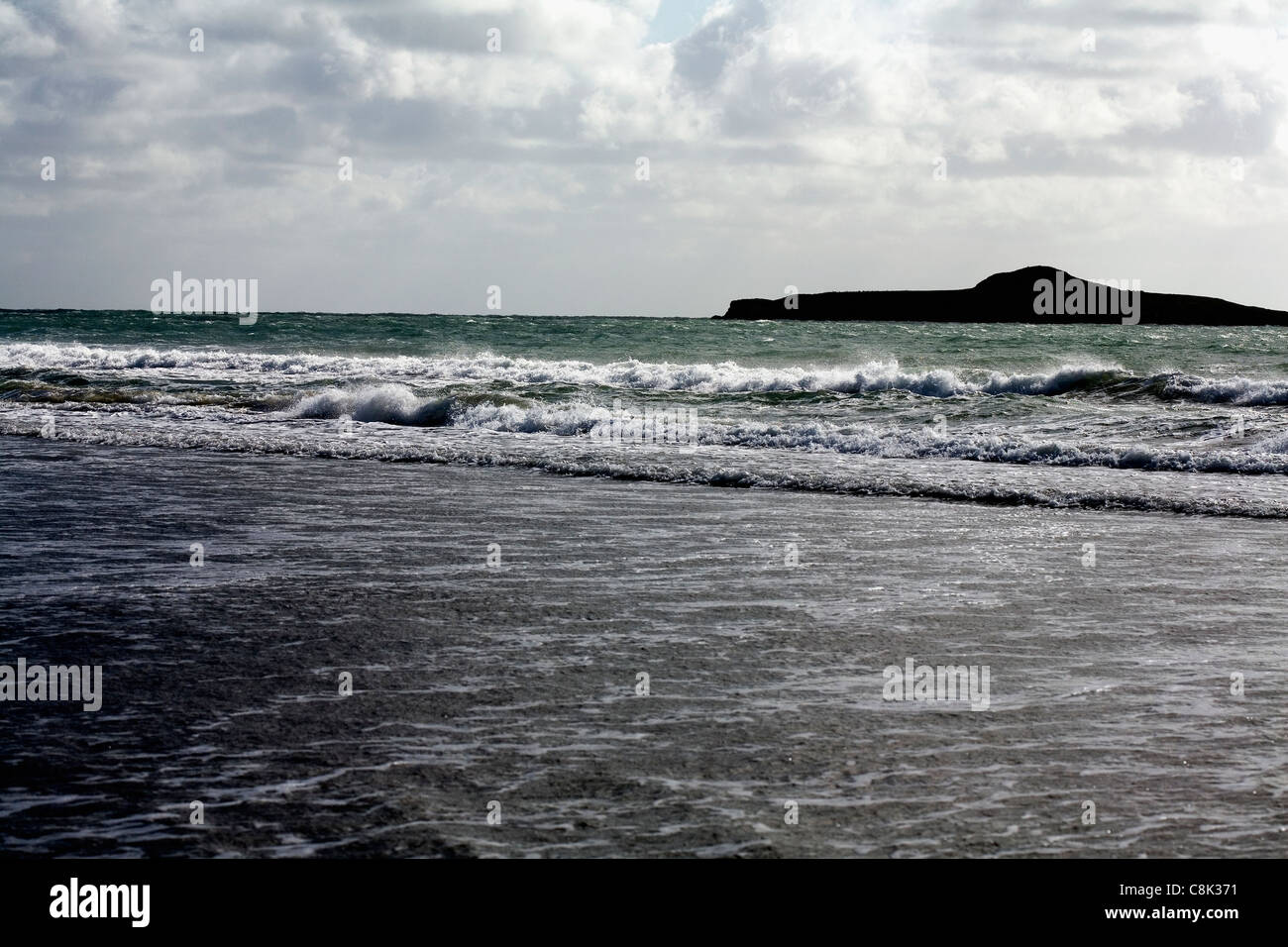Ynys Gwylan-fawr and Ynys Gwylan-bach from the beach at Aberdaron LLeyn ...