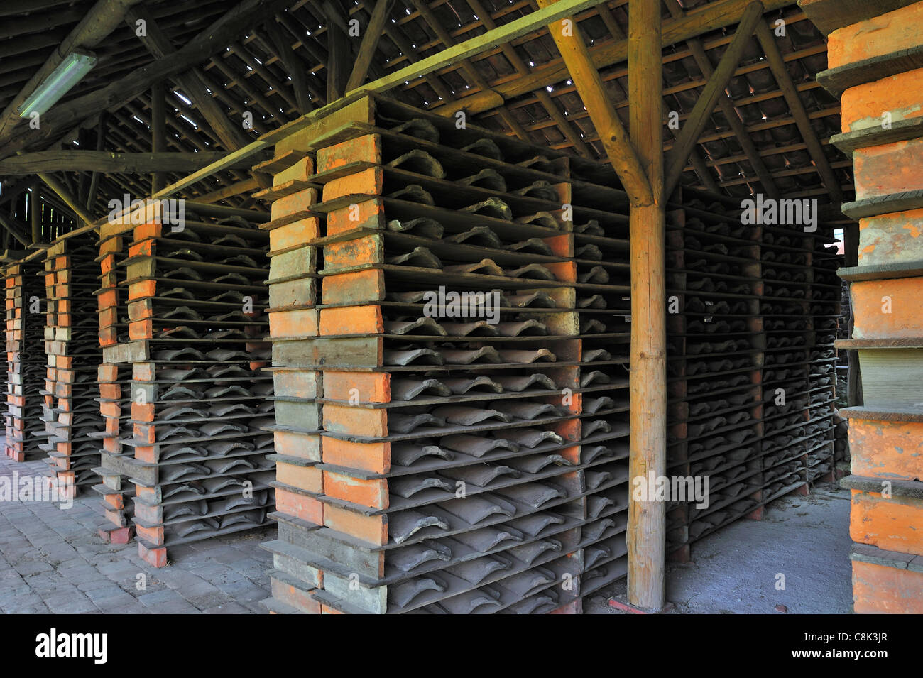 Drying yard with roof tiles in racks at brickworks, Boom, Belgium Stock ...