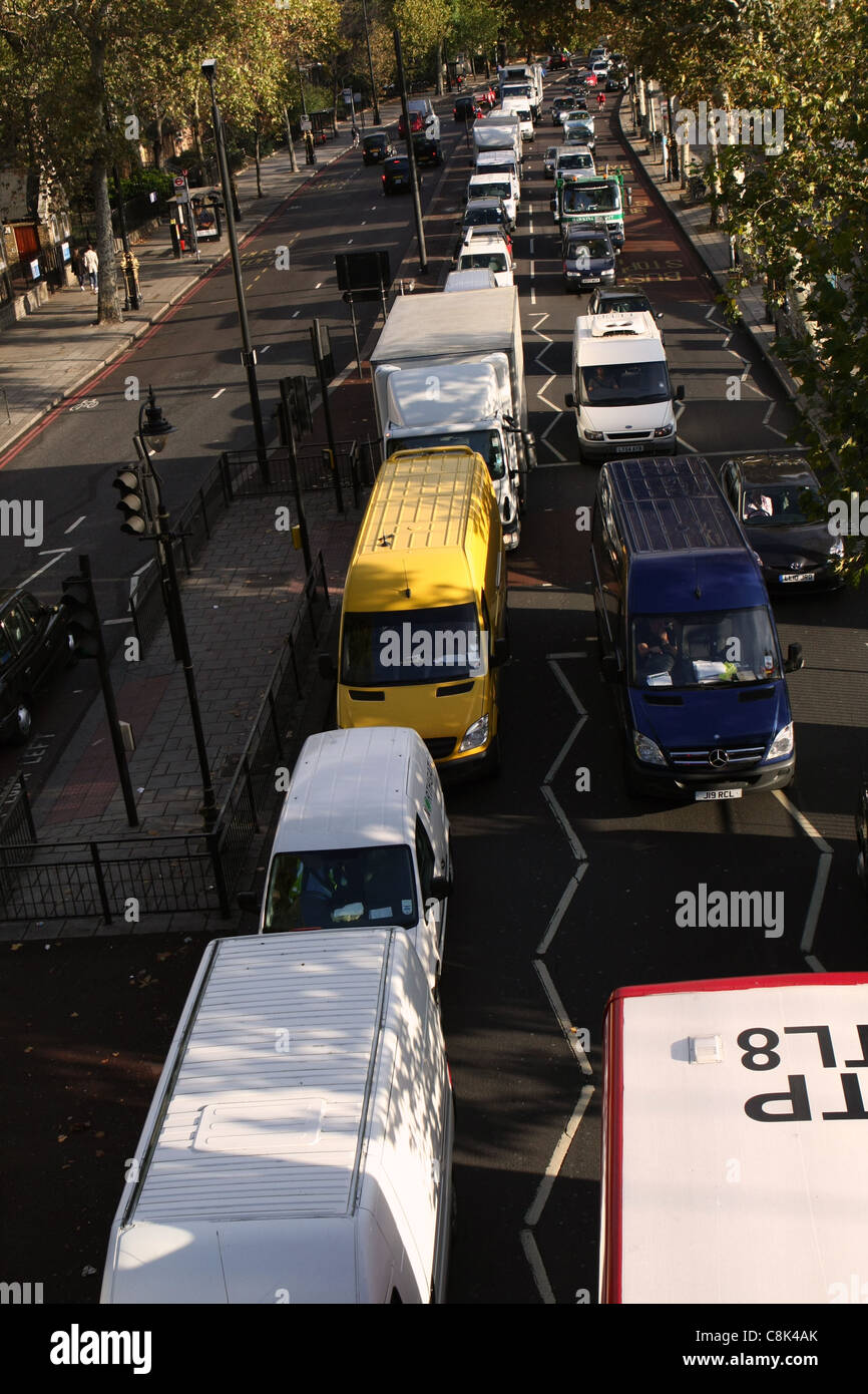 queue of traffic along the embankment of the River Thames, in London ...