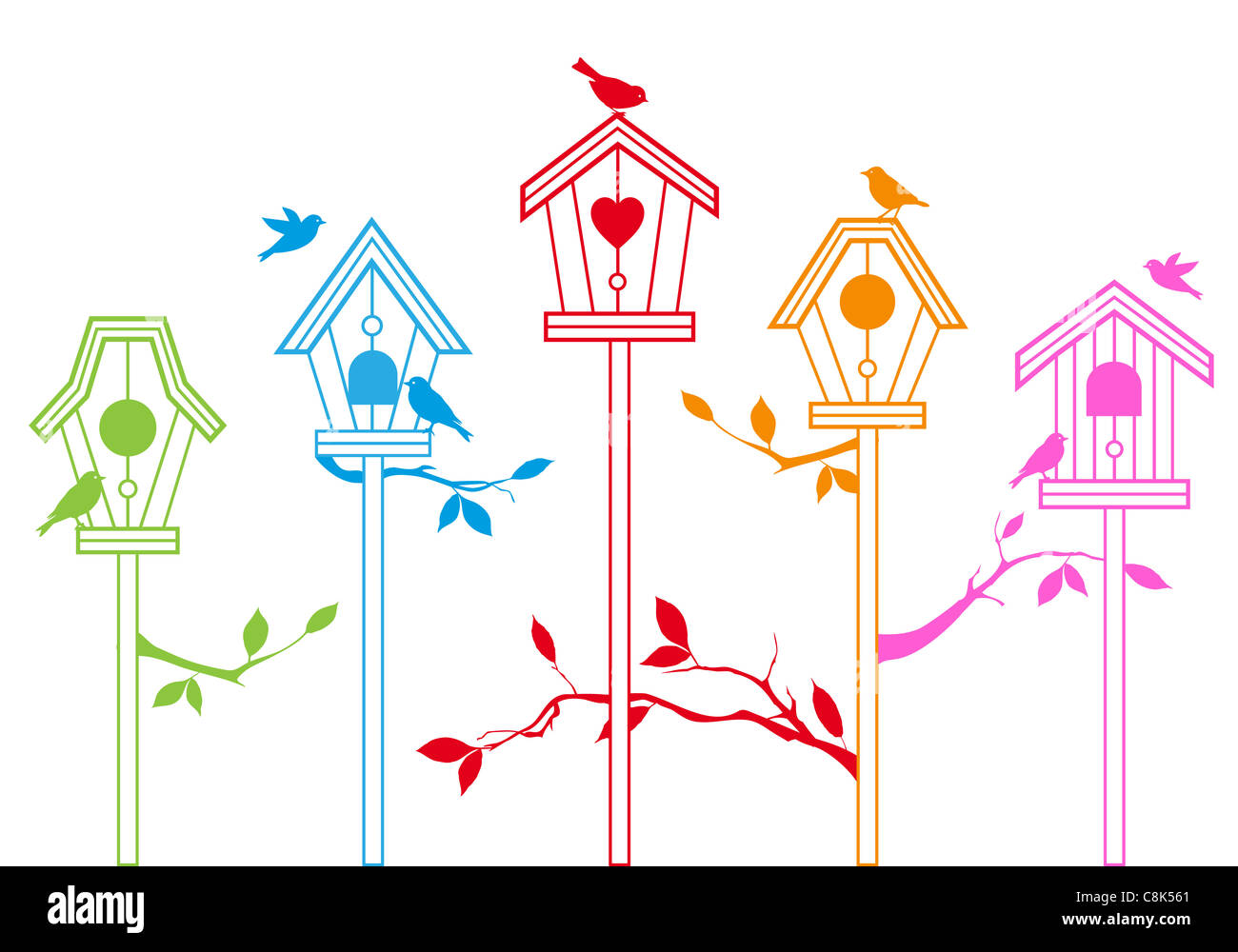 bird houses with birds and leaves Stock Photo - Alamy