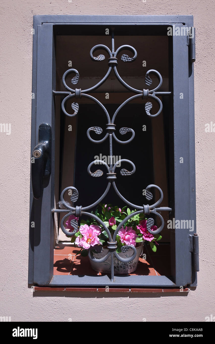 Decorative wrought iron adds security to a house window that displays ...