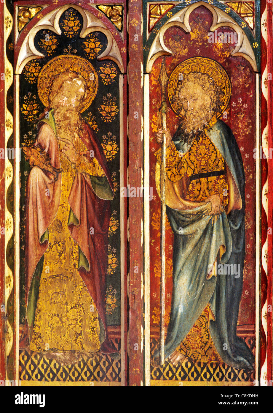 Ranworth, Norfolk, rood screen, St. Simon with fish, St. Thomas with ...