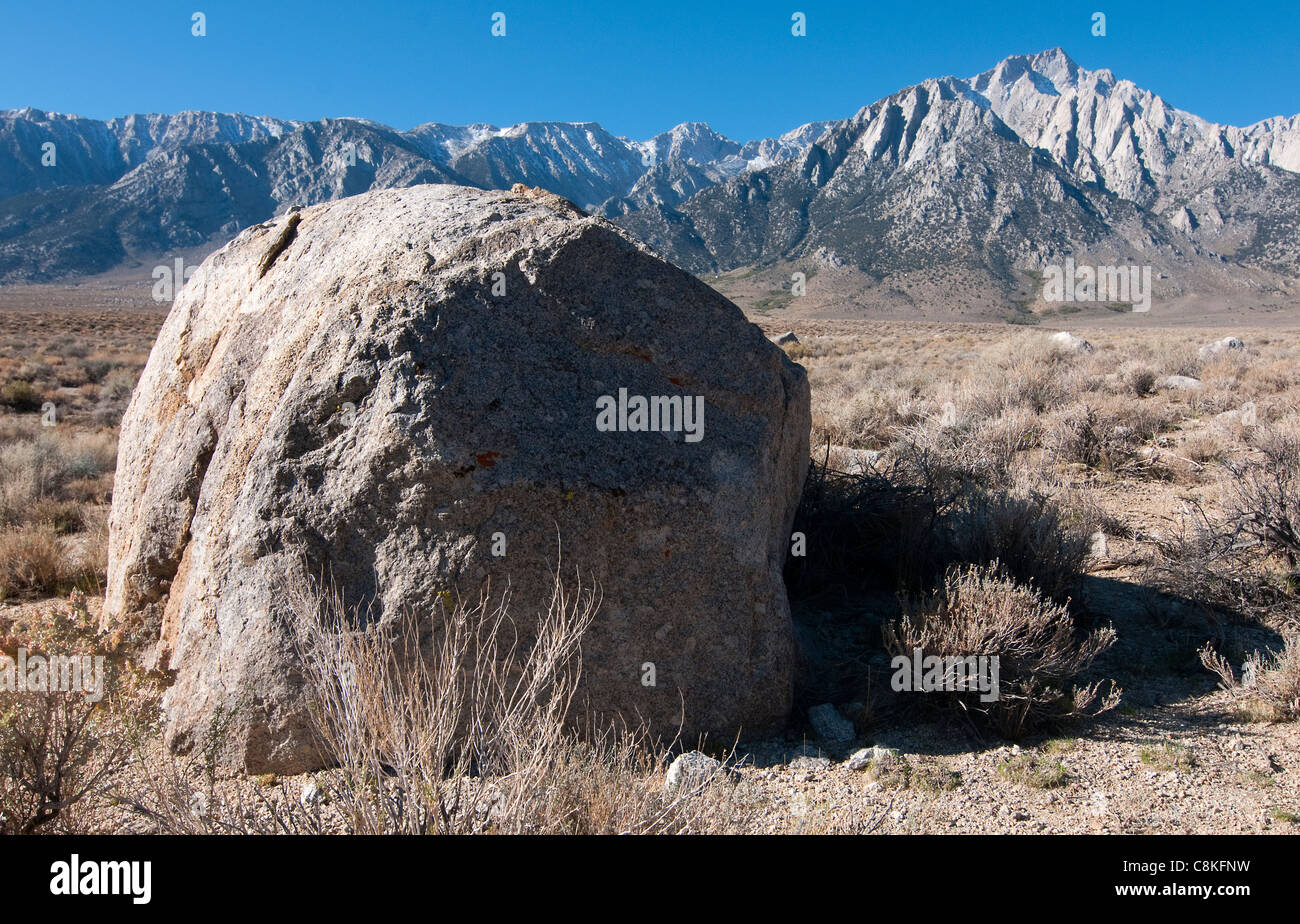 Giant Rock Landscape with Sierra Nevada Mountain Backdrop Stock Photo ...