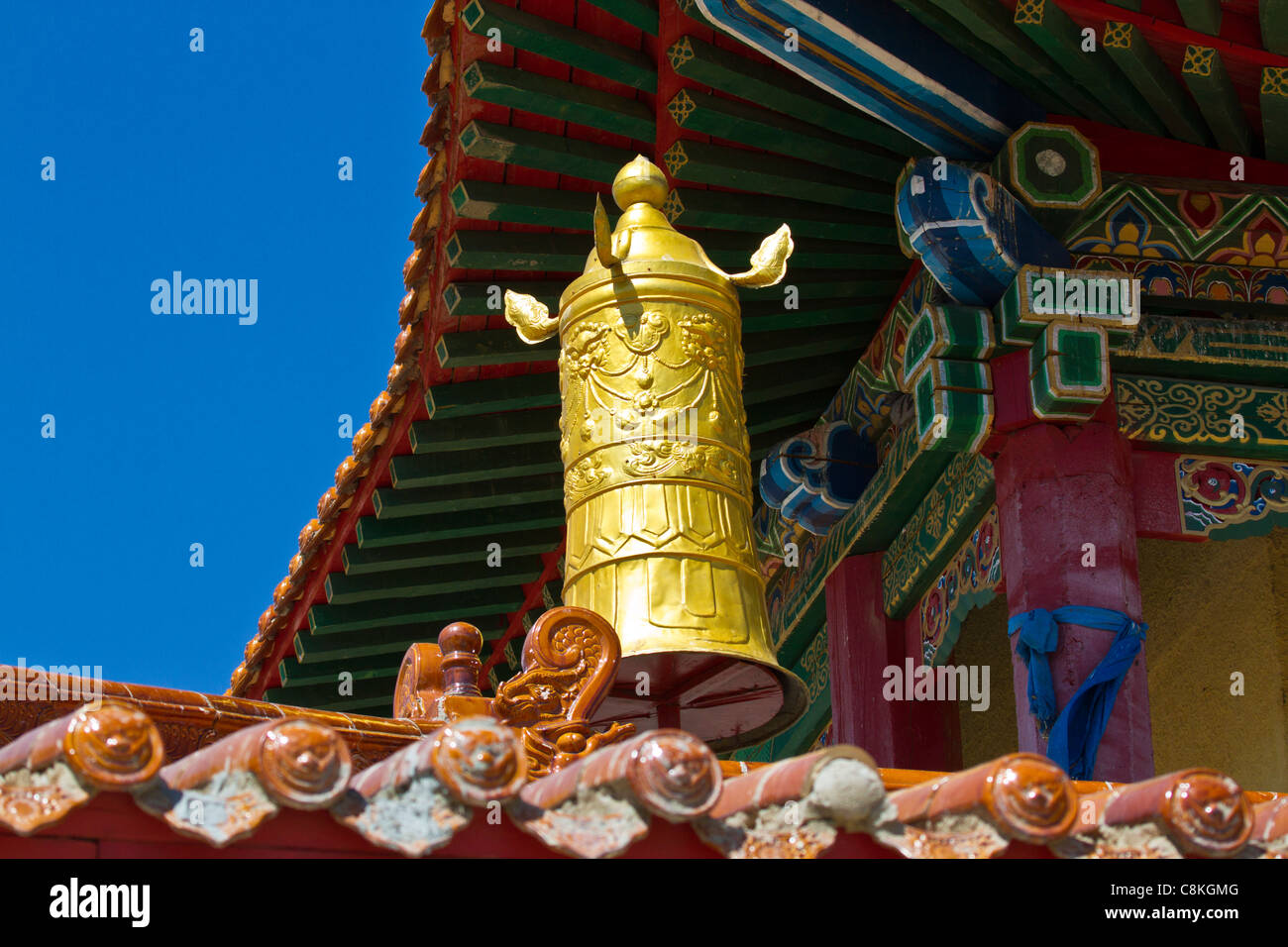 Colorful decorations on a monastery roof at a Buddhist temple in ...