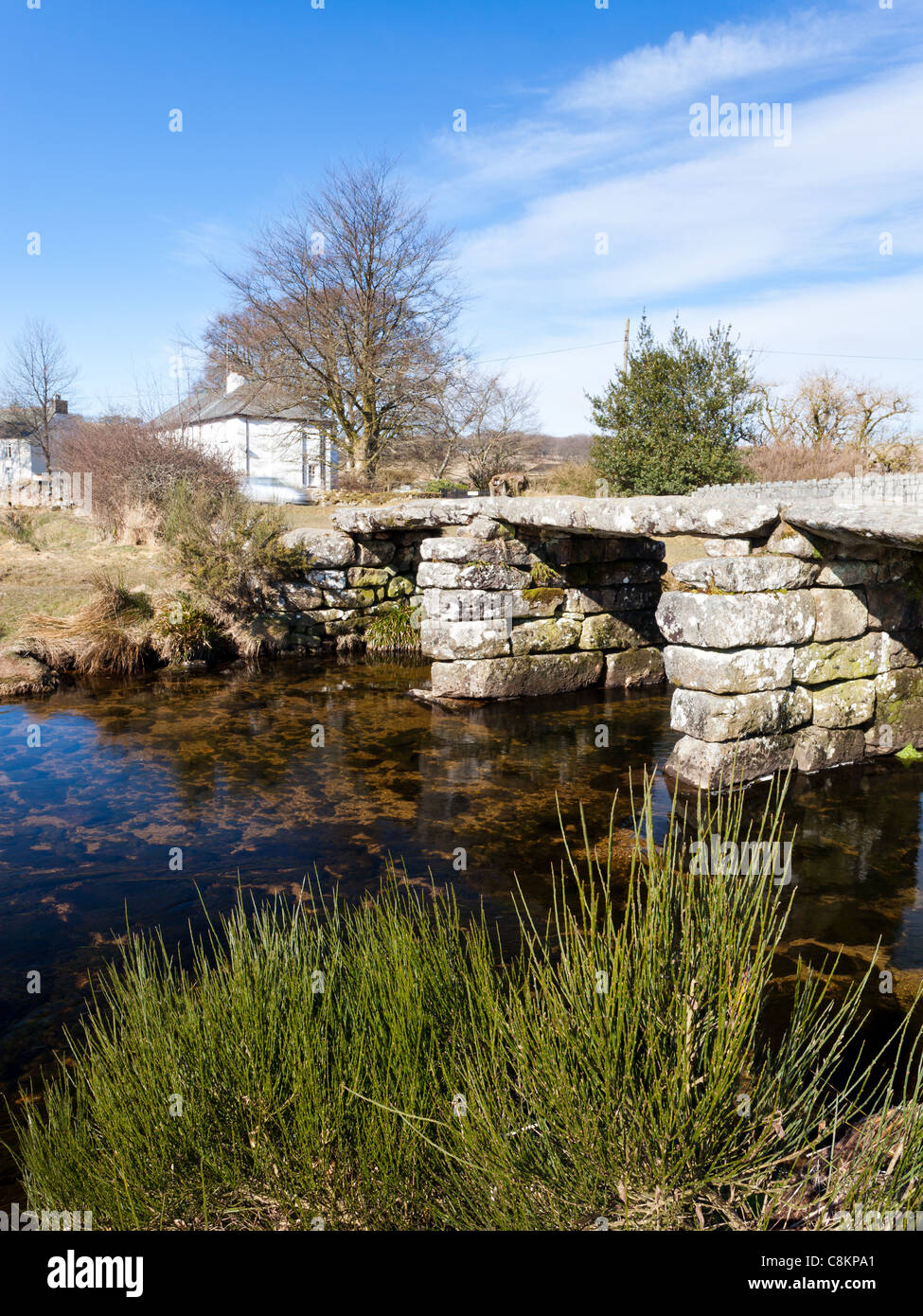 The ancient clapper bridge at Postbridge in Dartmoor National Park ...