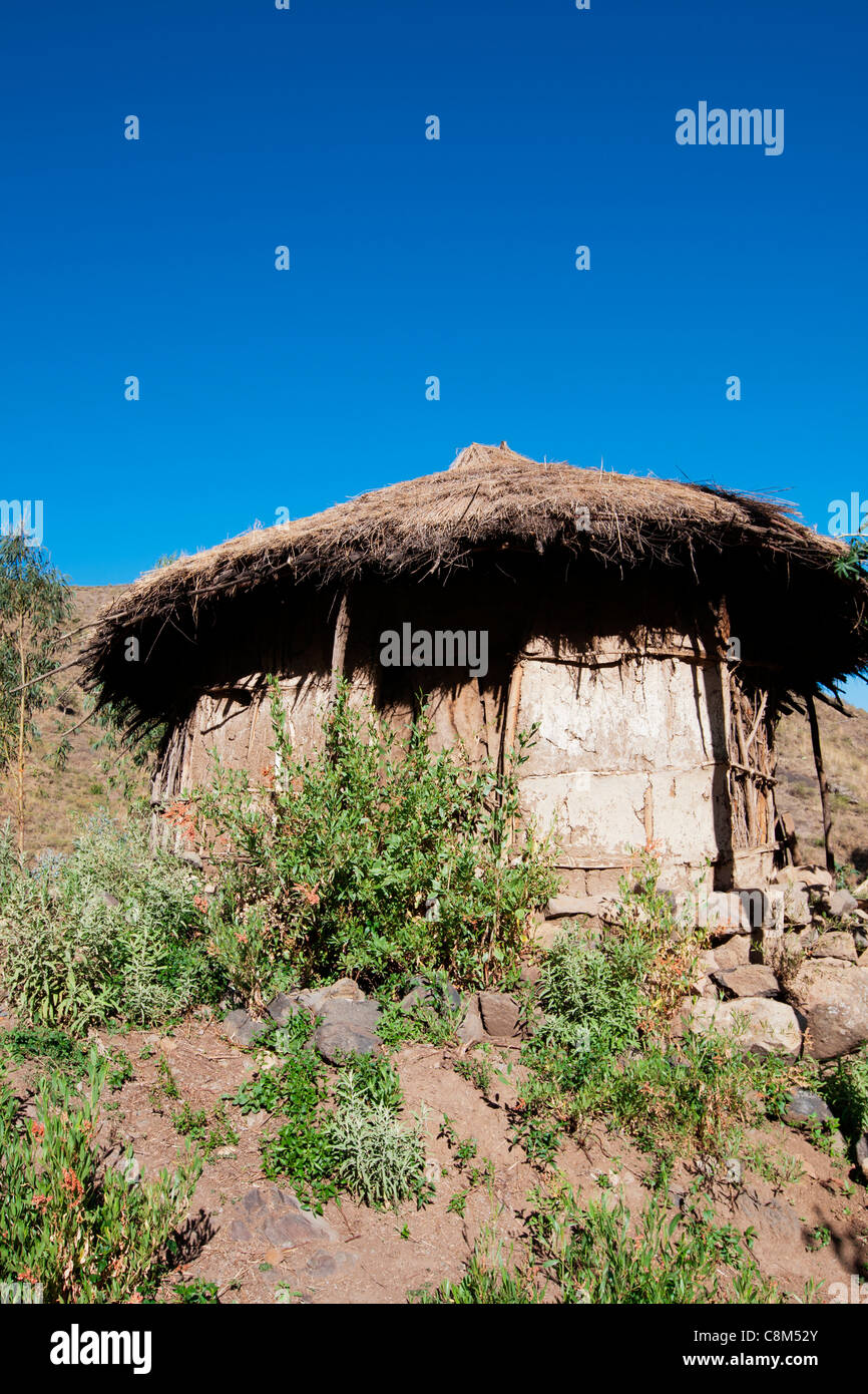 Traditional thatched tukul on a hillside near Yemrehanna Kristos ...