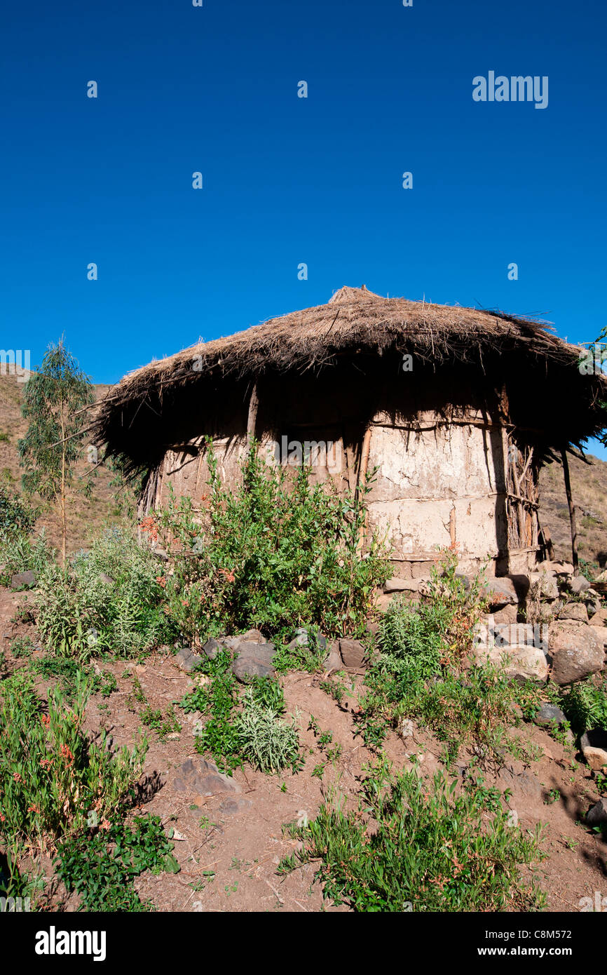 Traditional thatched tukul on a hillside near Yemrehanna Kristos ...