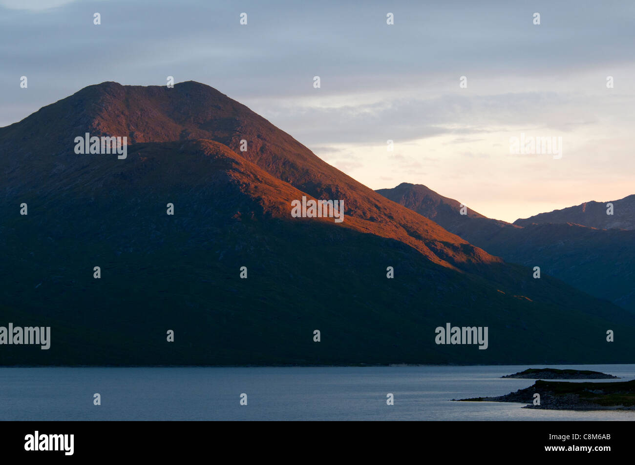 Sgurr Mòr mountain, Knoydart, at sunset. From Loch Quoich, Glen Garry ...