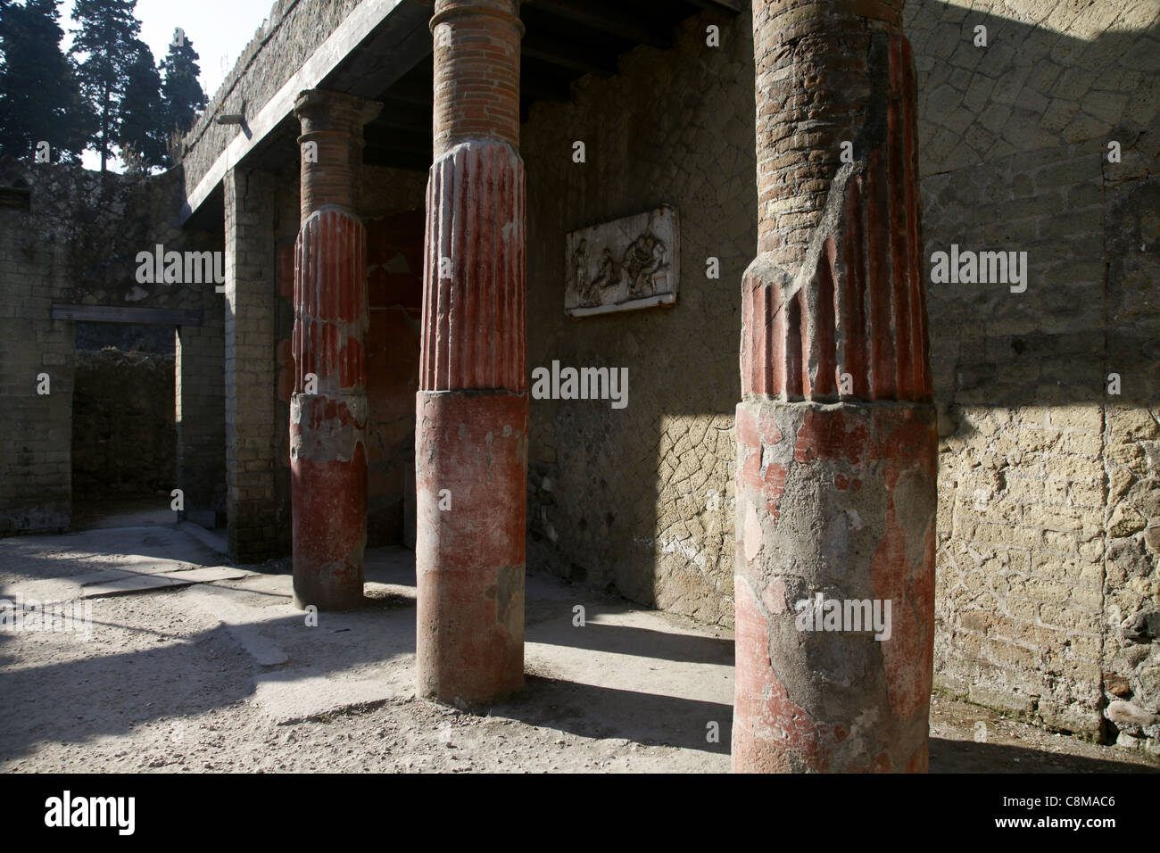 ANCIENT ROMAN RUINS RED PILARS HERCULANEUM ITALY 18 September 2011 ...