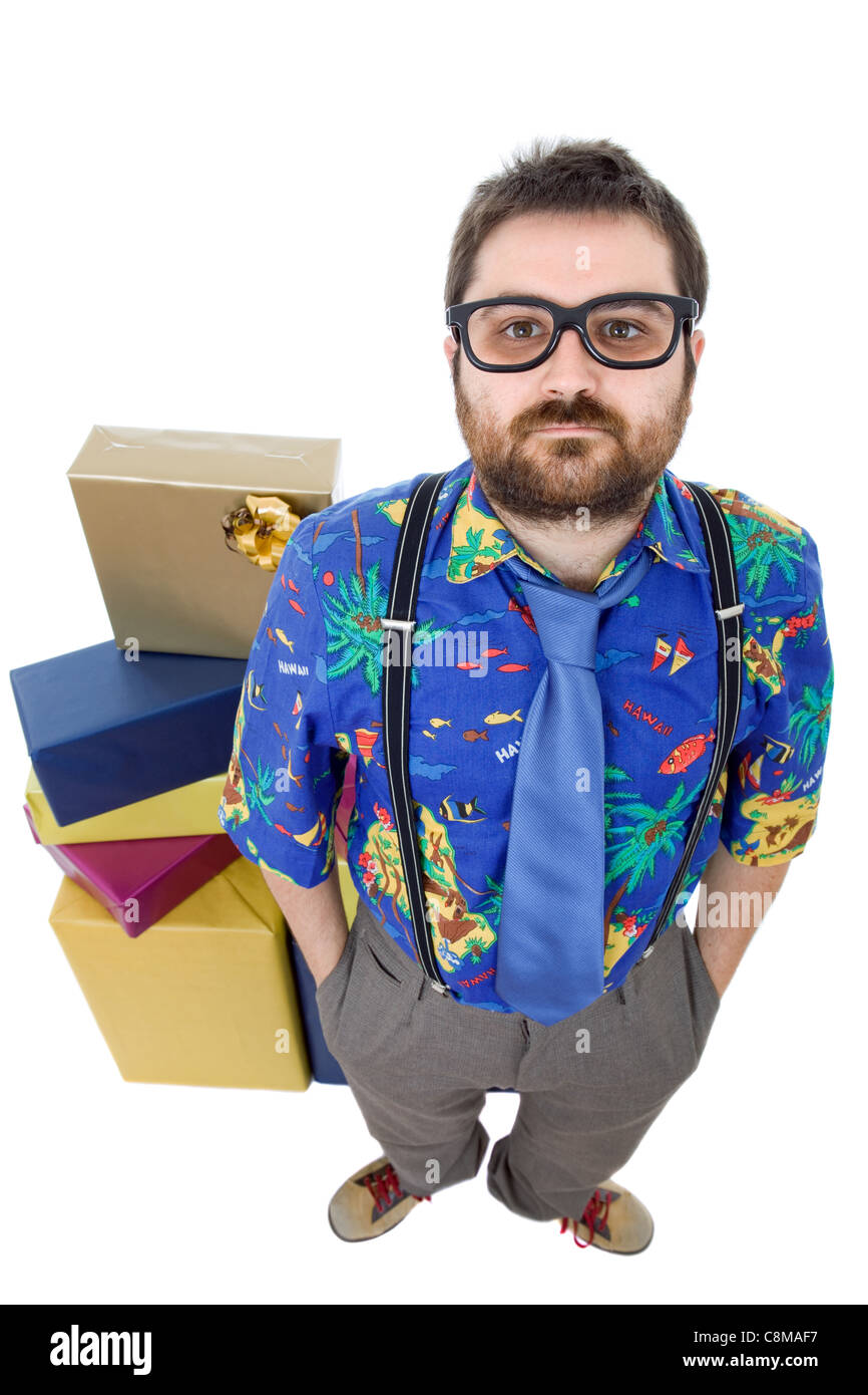 happy silly salesman with some boxes, isolated on white Stock Photo - Alamy