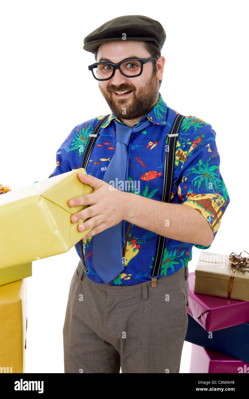 happy silly salesman with some boxes, isolated on white Stock Photo - Alamy