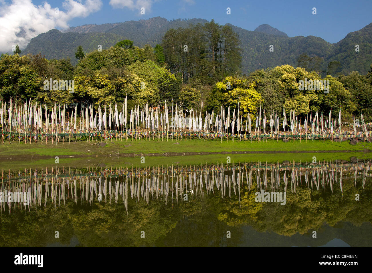 Prayer flags around Kathok Lake Yuksom Sikkim India Stock Photo - Alamy