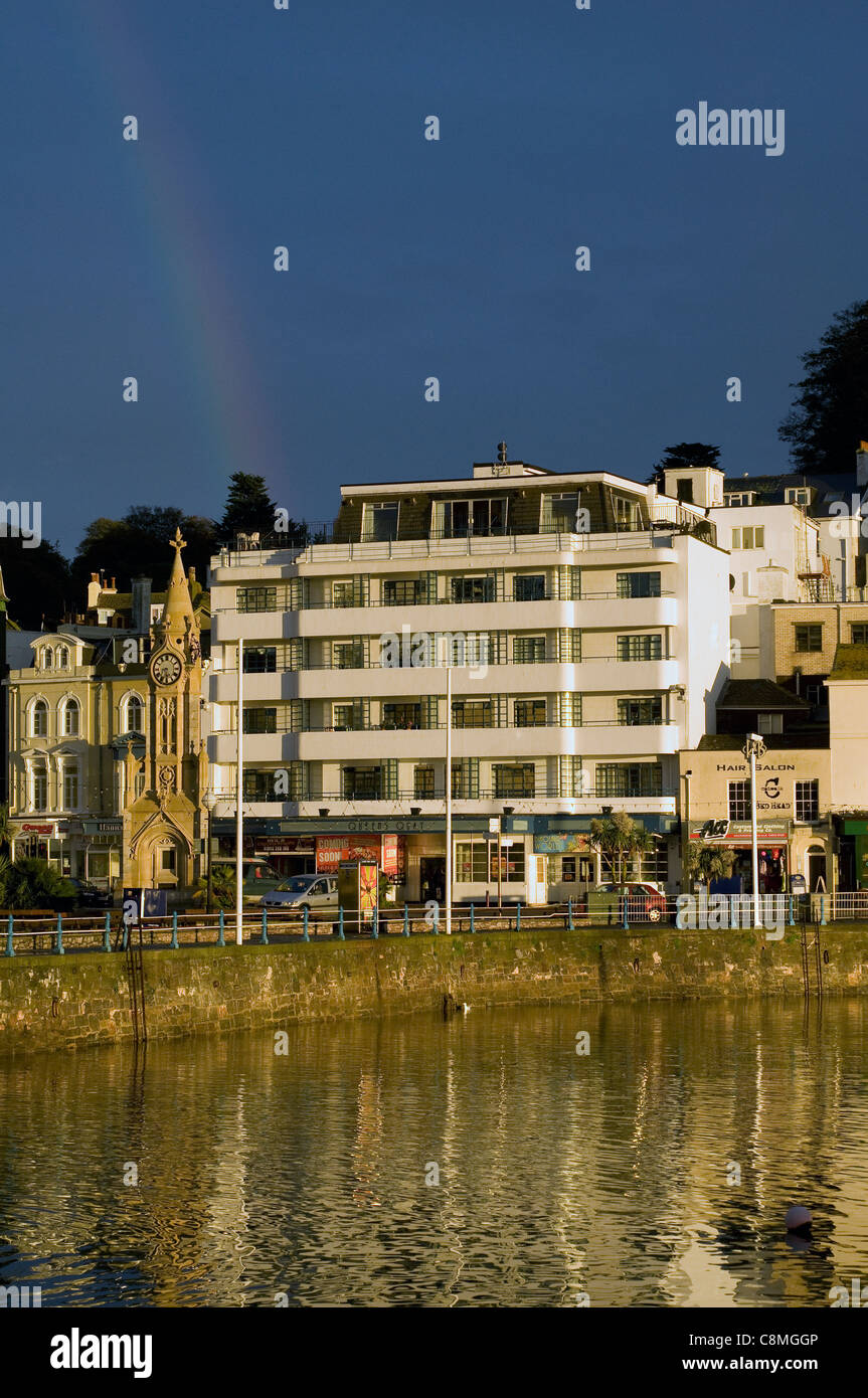 Rainbow over Art Deco buildings of Torquay,Devon, cloud, cloudy, coast ...