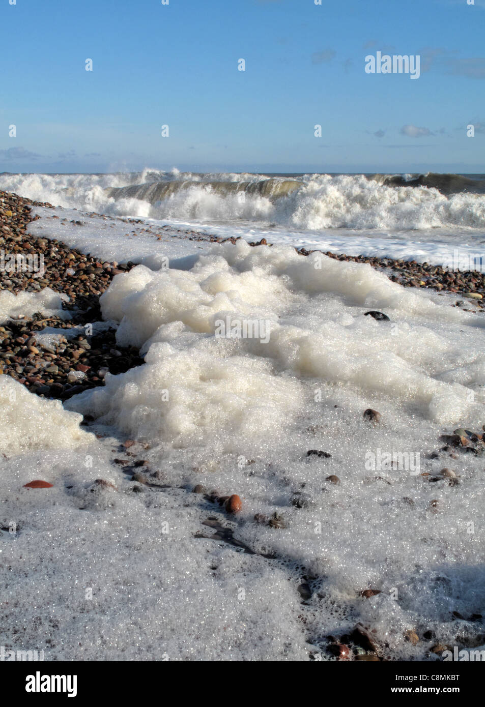 Incoming tidal white frothy, foamy waves leaving the beach covered in ...