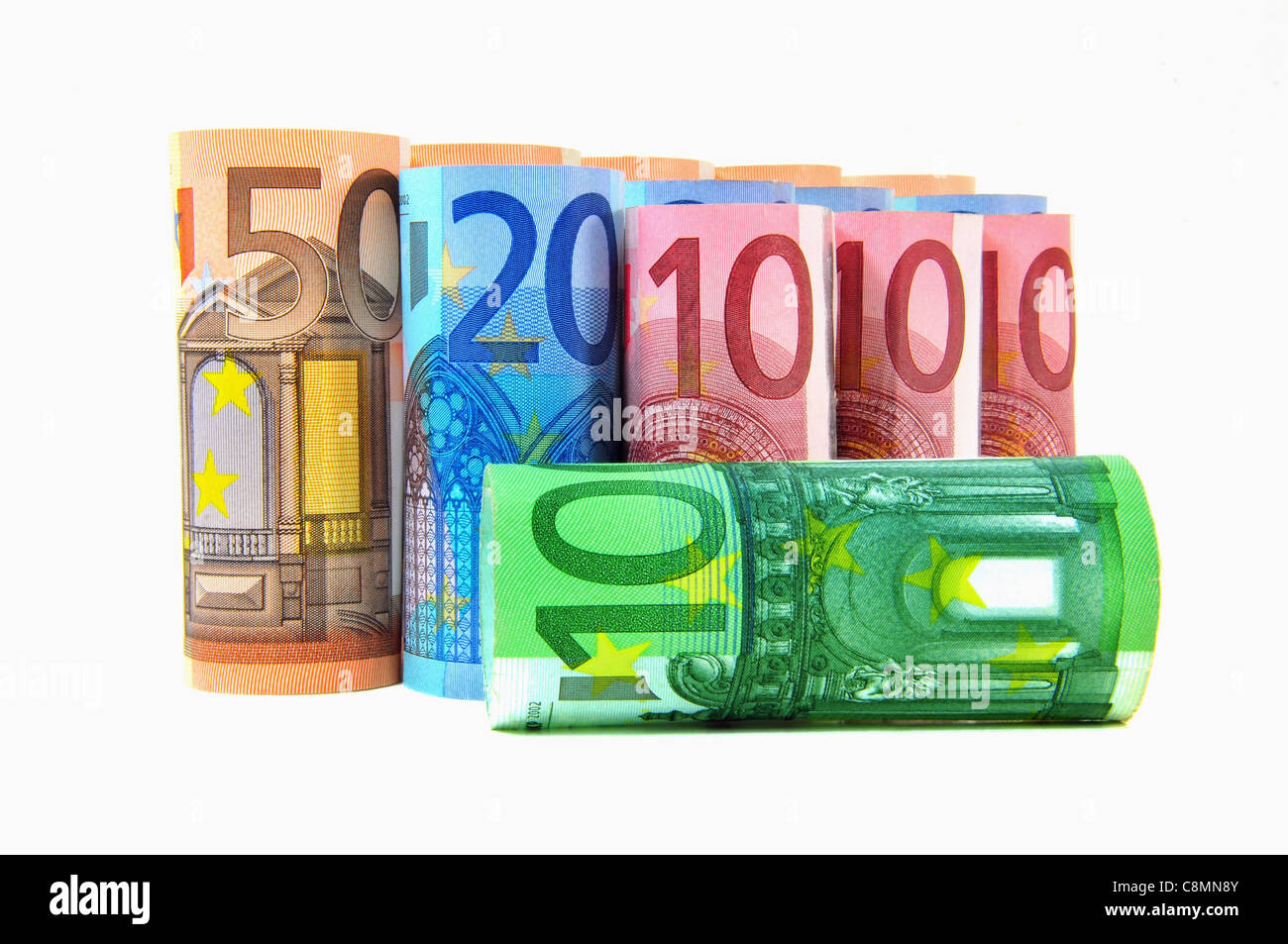 Rolled up Euro banknotes from 10 to 100 Euro on white background Stock ...