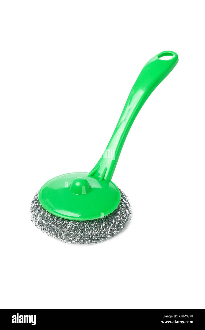 Wire scourer with green plastic handle on white background Stock Photo ...