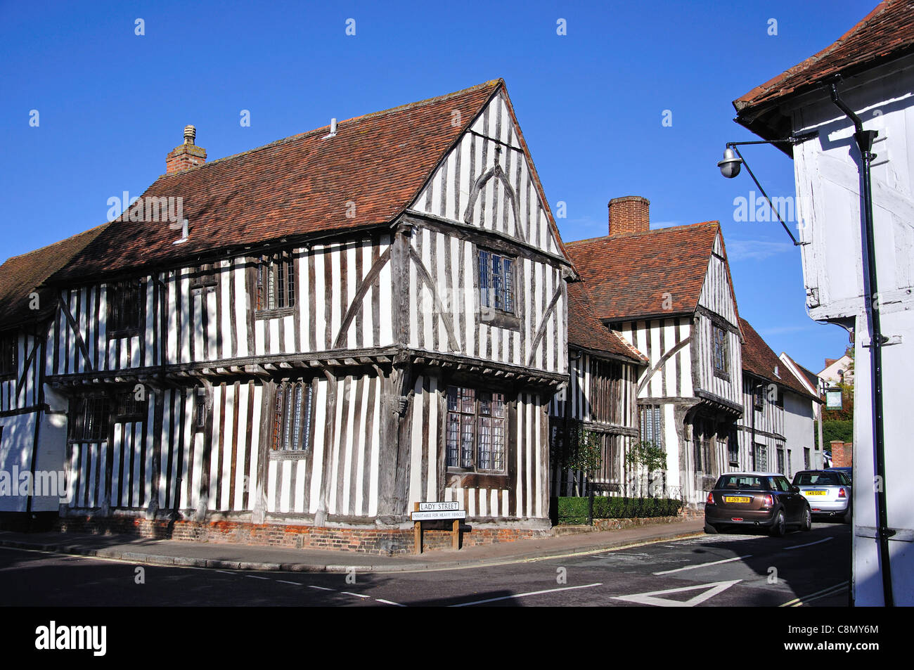 Half-timbered medieval cottages, Water Street, Lavenham, Suffolk ...