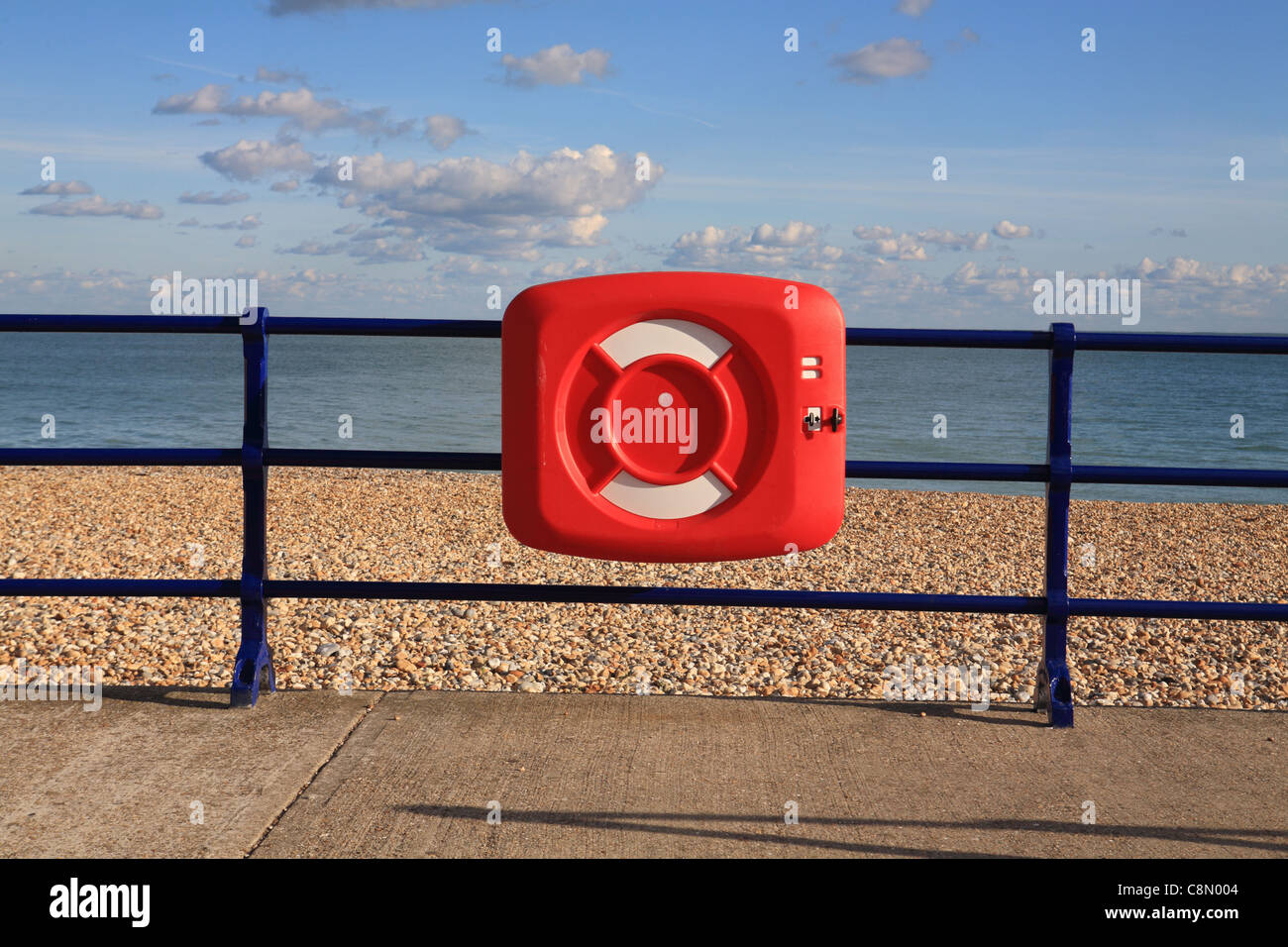 Lifebuoy or lifebelt container on Eastbourne sea front, east Sussex ...