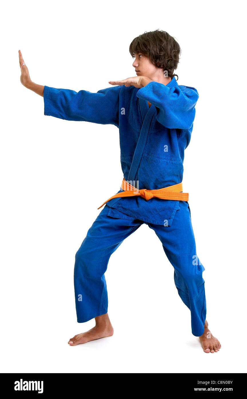 Young fighter posing against a white background Stock Photo - Alamy