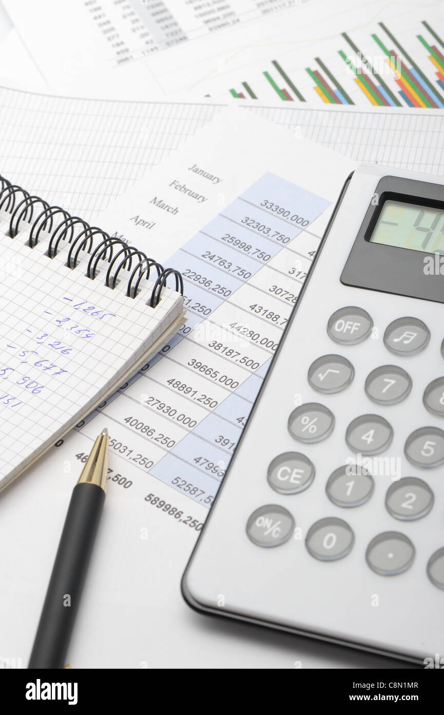 The calculator and the financial report. A workplace of the businessman ...