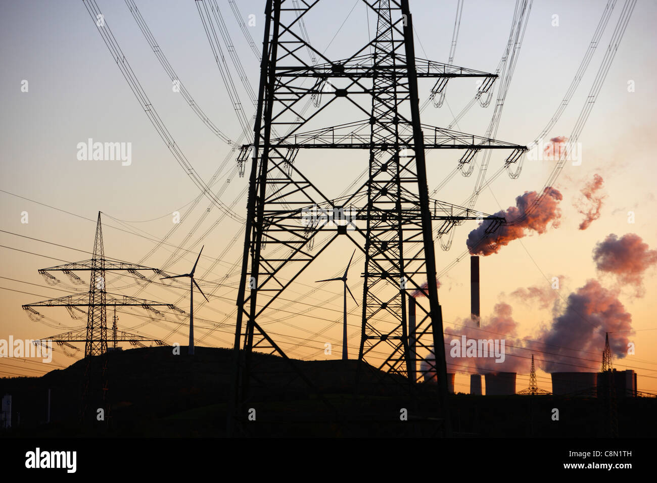 High tension power lines, power station, wind energy park, coal power ...
