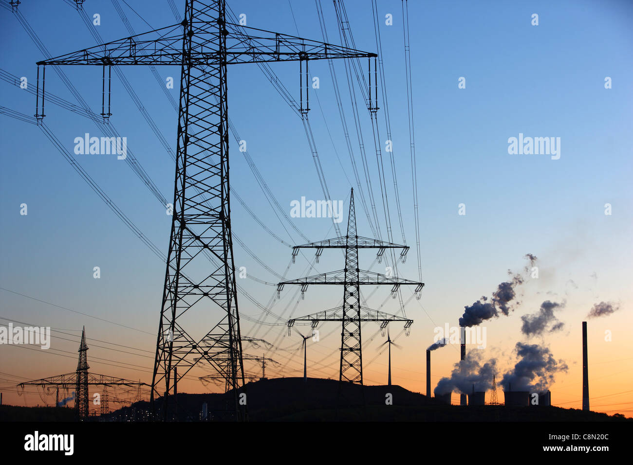 High tension power lines, power station, wind energy park, coal power ...