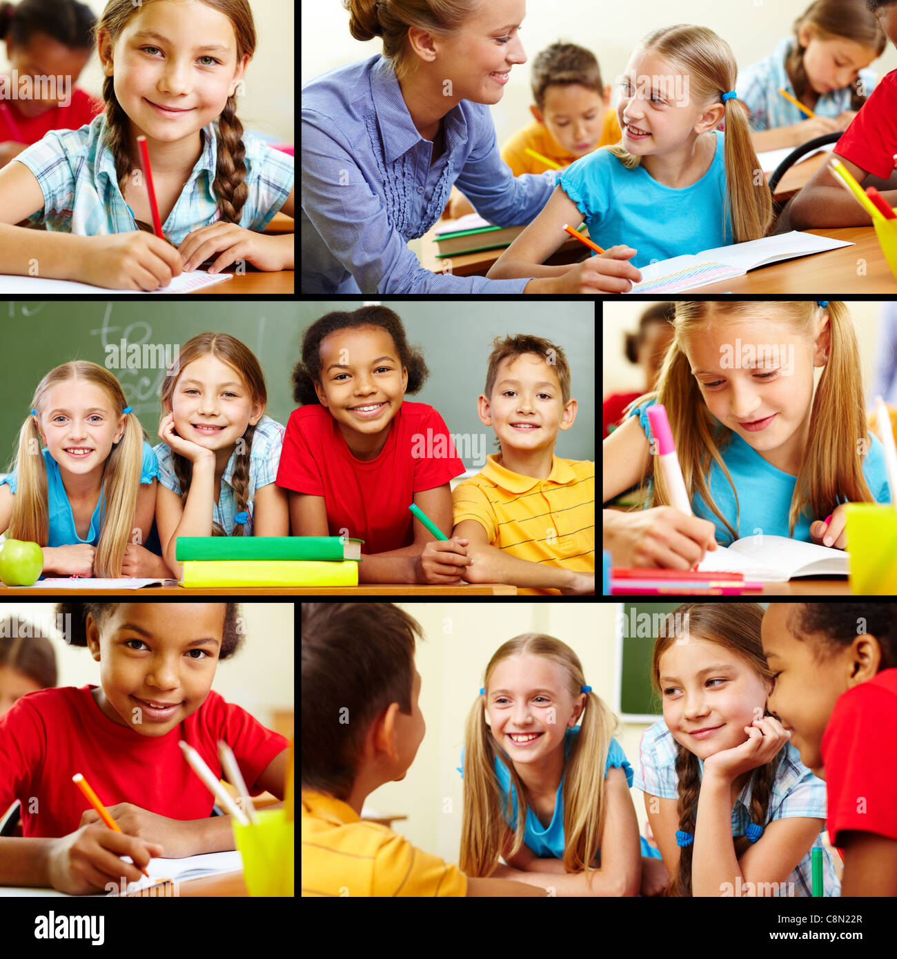 Collage of smart schoolchildren and teacher in classroom Stock Photo ...