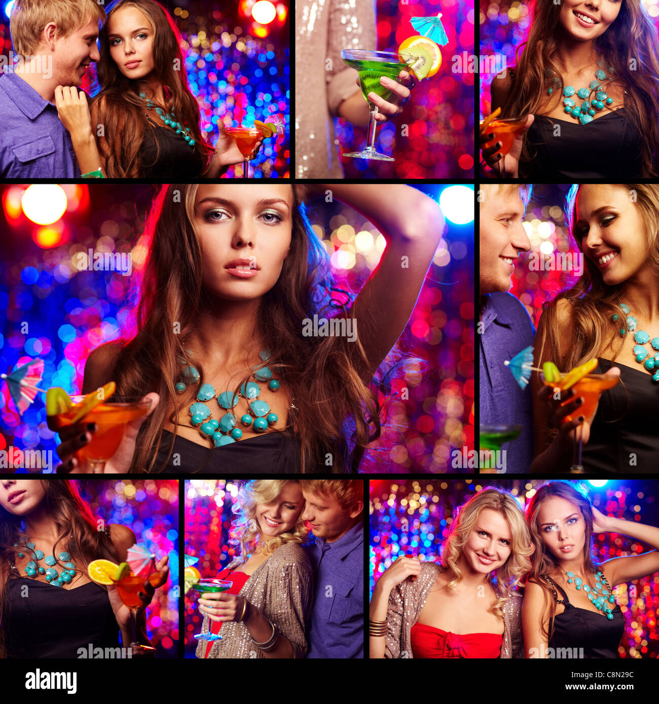Collage of happy friends having party in night club Stock Photo - Alamy