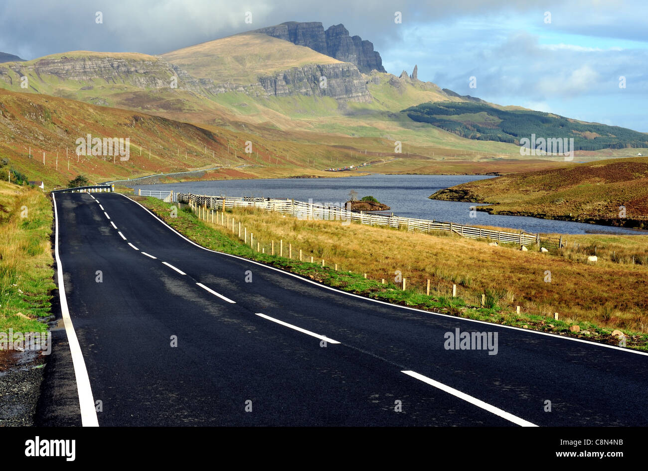 The A855 on the Isle of Skye, with the Old Man of Storr in the distance ...