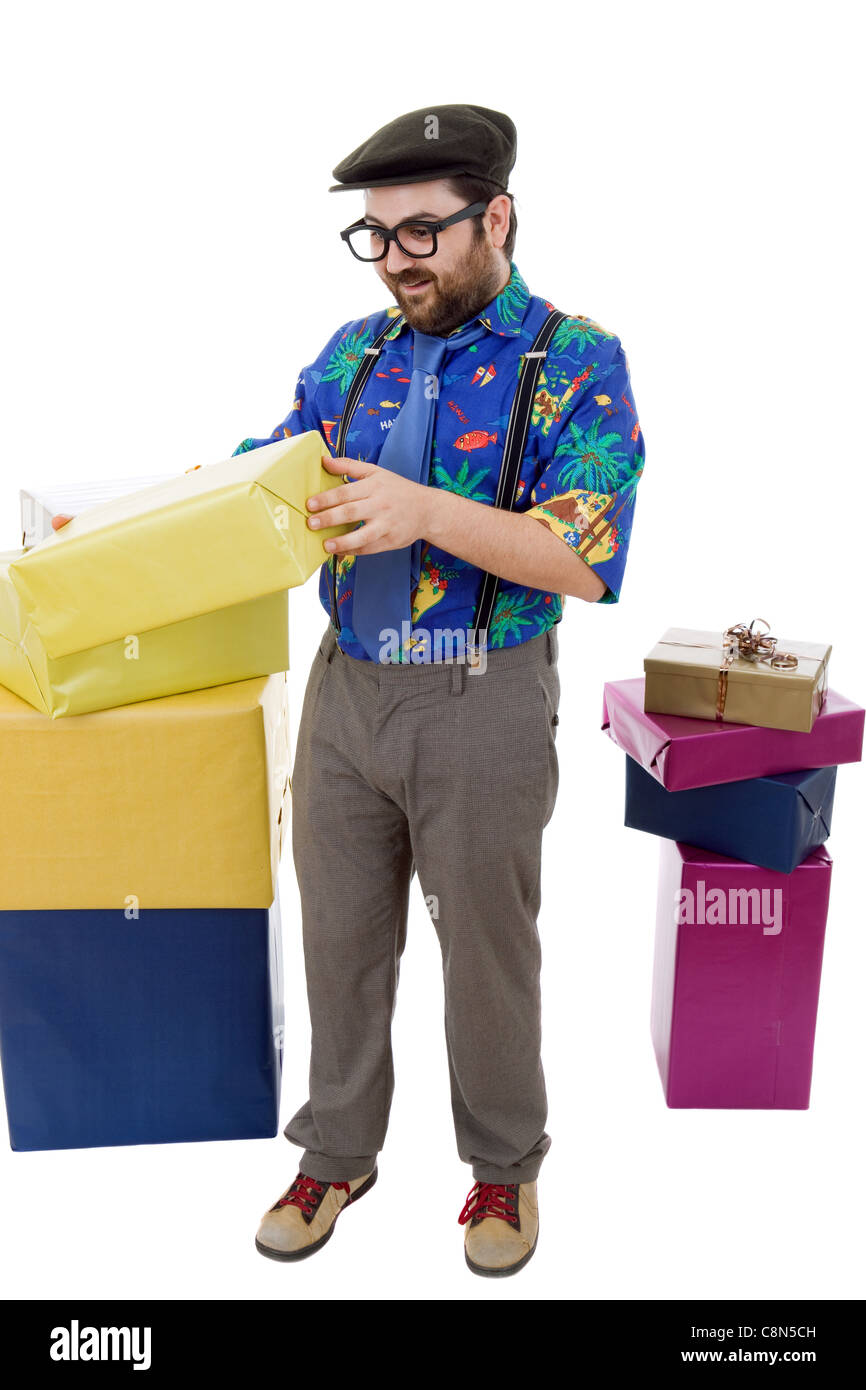 happy silly salesman with some boxes, isolated on white Stock Photo - Alamy