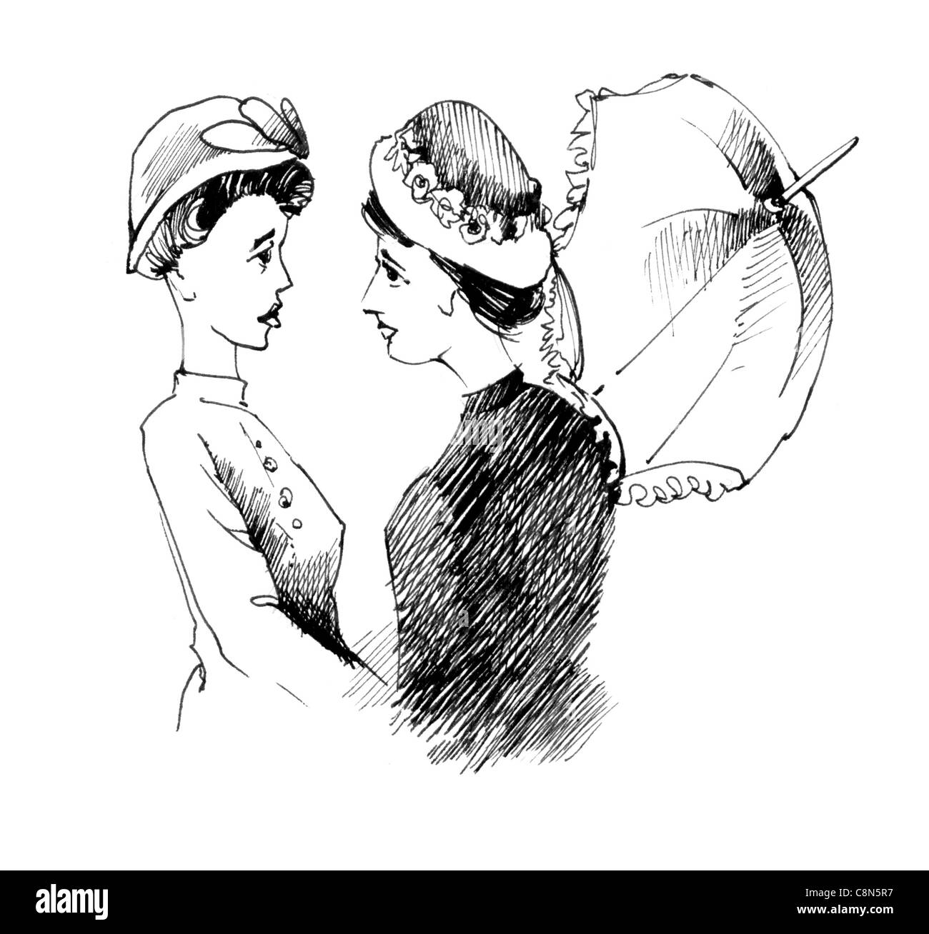 vintage drawing illustration of two women talking Stock Photo - Alamy