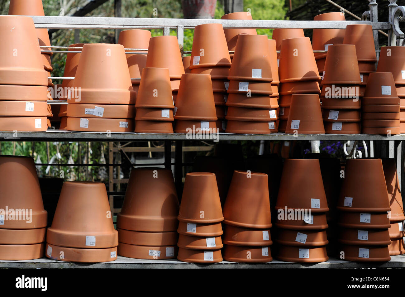 terracotta pots pot garden gardening container stack stacked rows ...