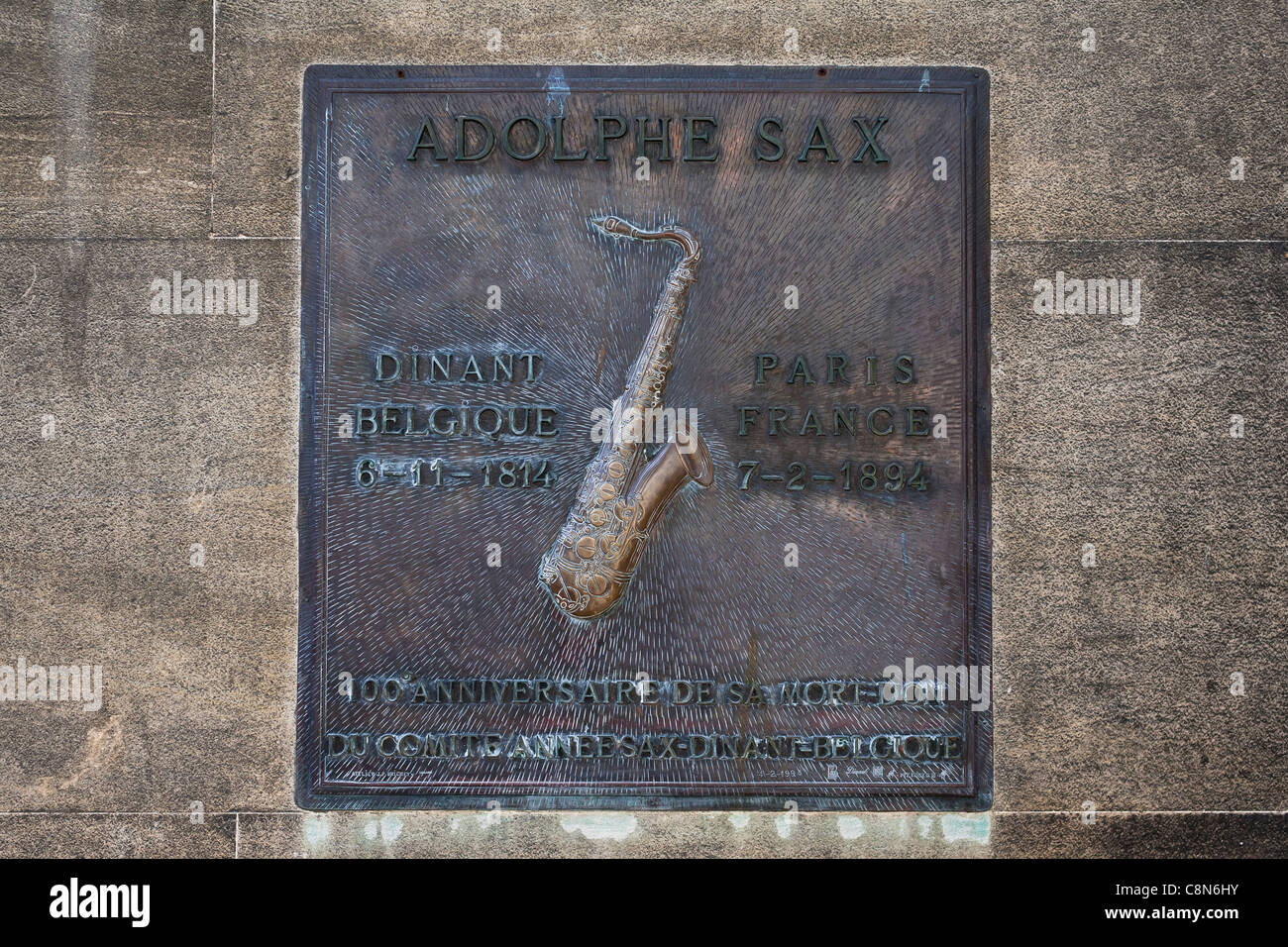 Plaque on the tomb of Adolphe Sax (1814-1894), inventor of the ...