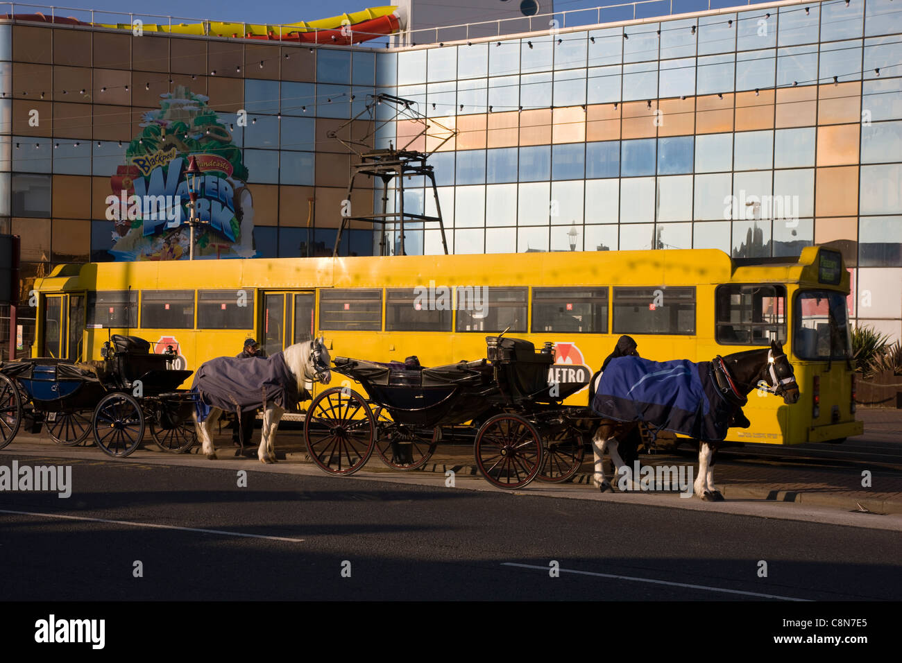 Blackpool tram and line up of horse and carriage outside the Water Park ...