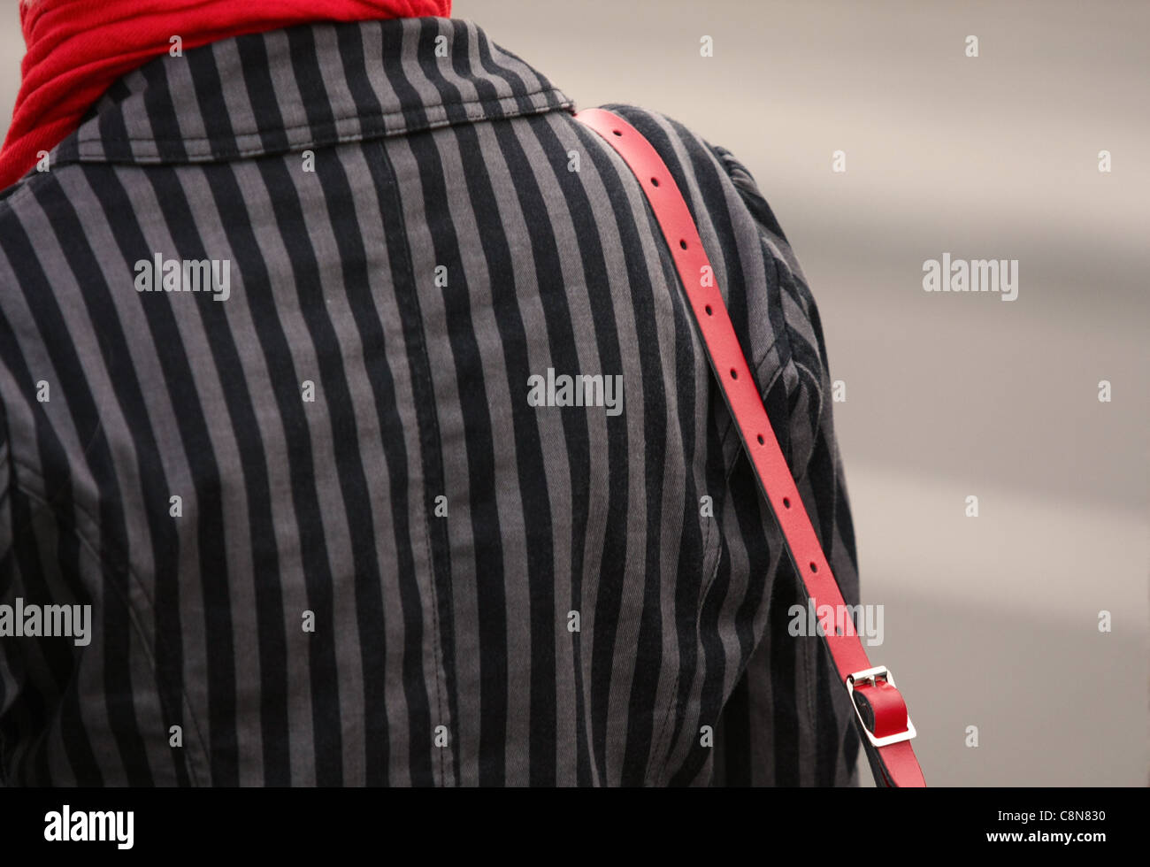 The rear view of a person in a striped jacket with the straps of their ...