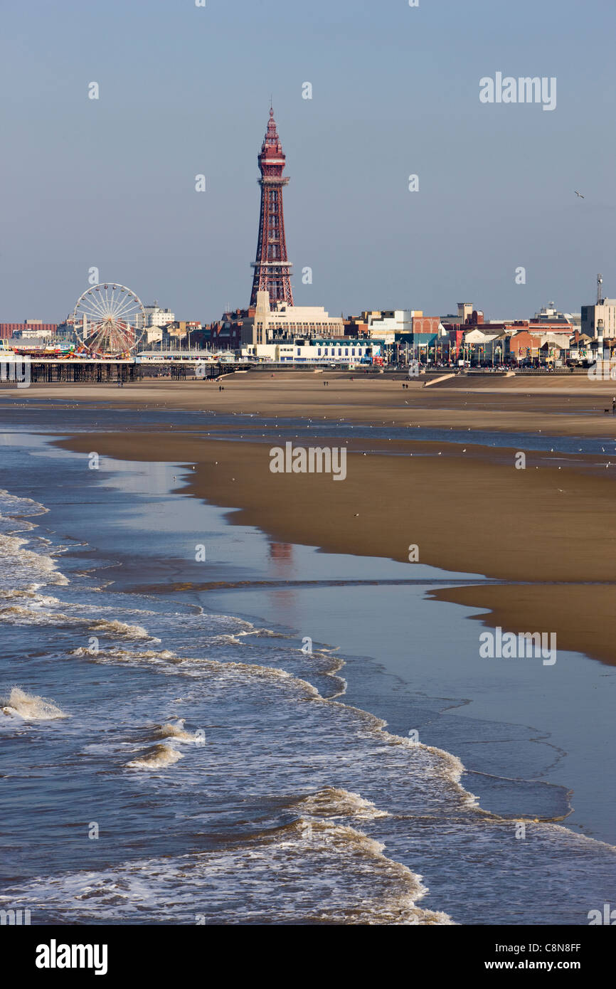 Blackpool tower and beach on a windy day with rough seas, Blackpool, UK ...