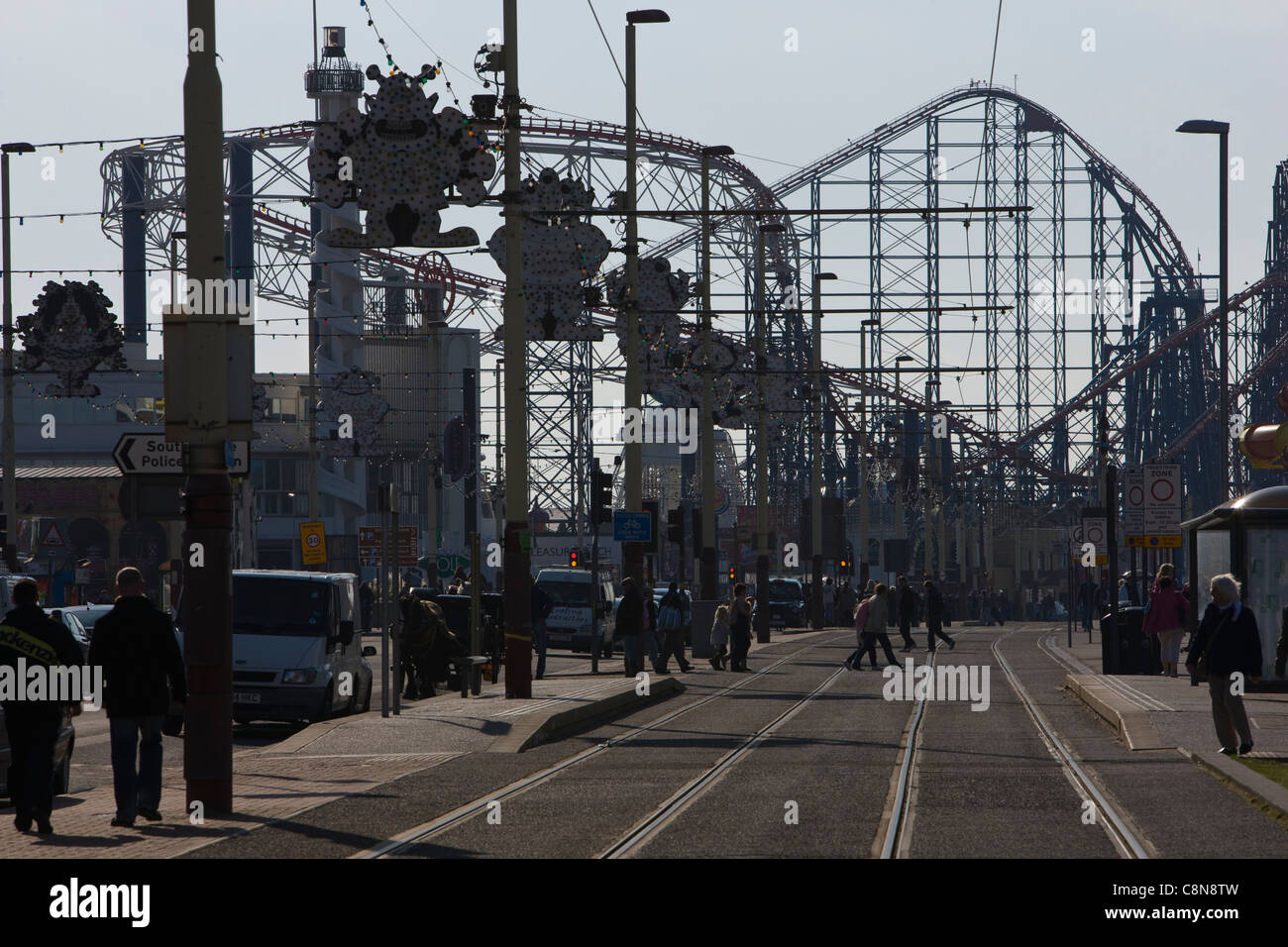 Tram tracks converging towards Blackpool Pleasure Beach and "The Big ...