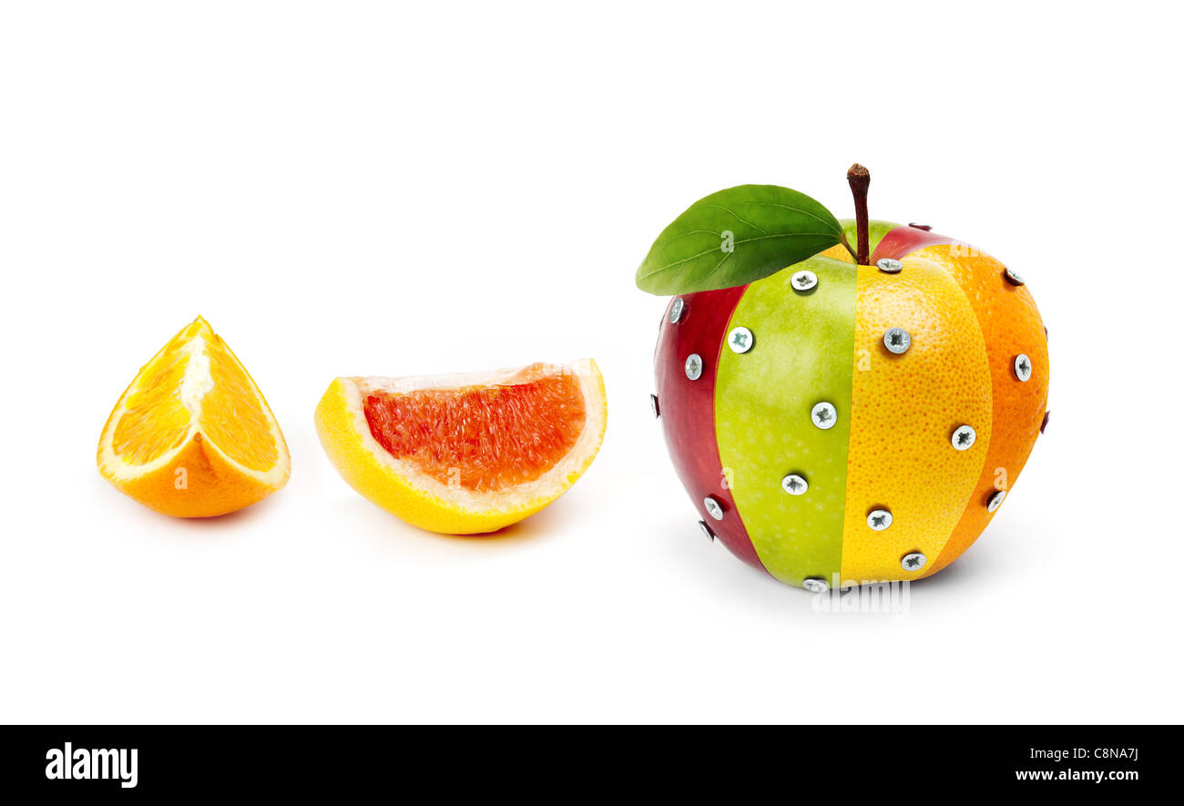 An Apple composed by several fruits attached by bolts and some fruit ...